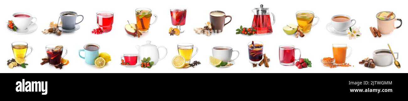 Group of traditional hot beverages on white background Stock Photo - Alamy