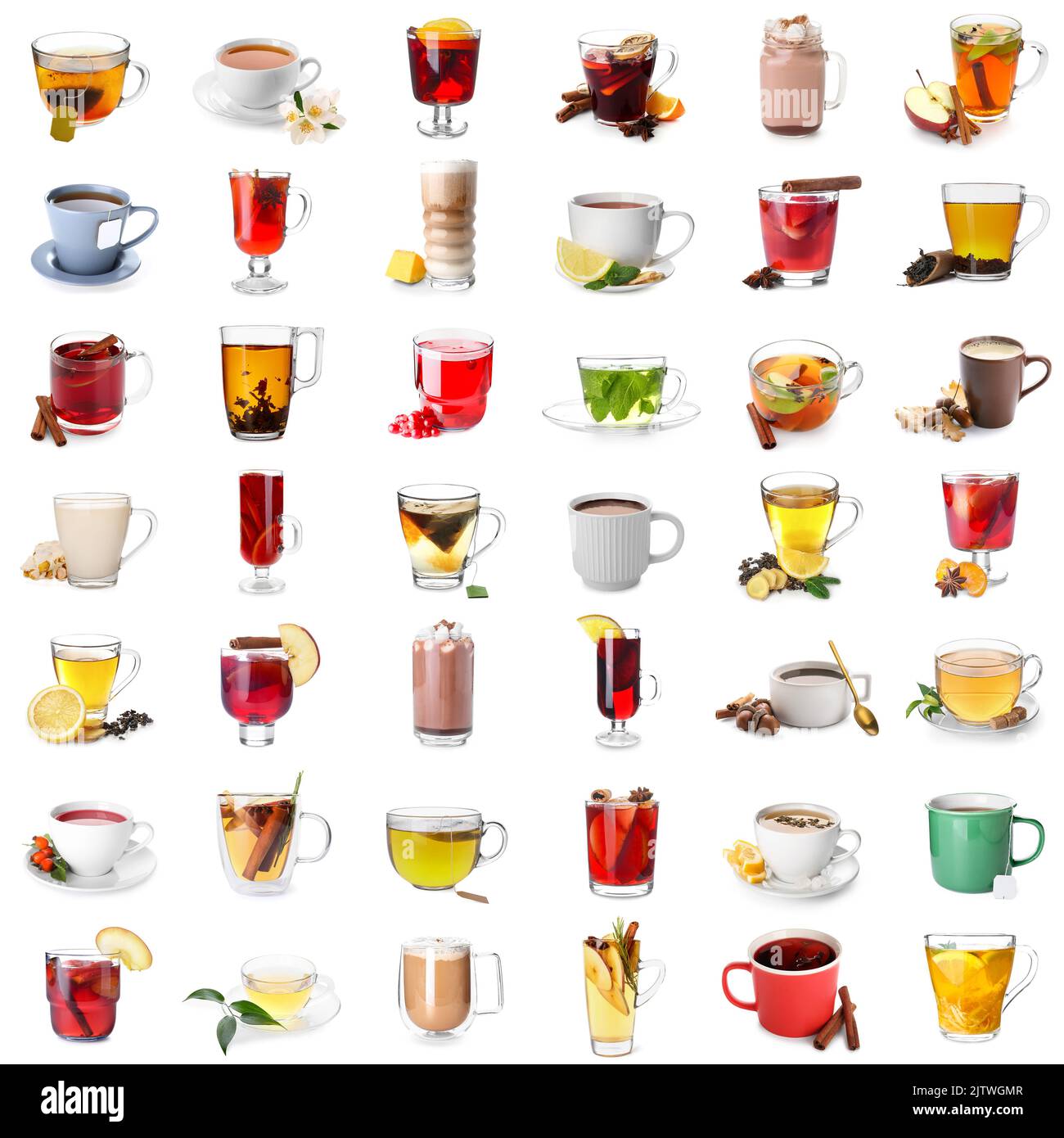 Group of tasty hot beverages on white background Stock Photo - Alamy