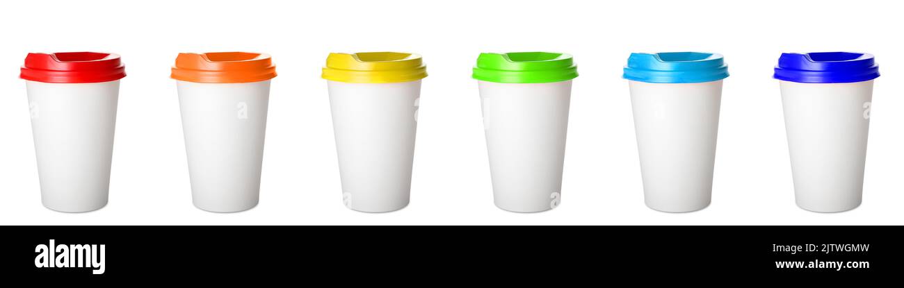 Many takeaway paper cups on white background Stock Photo - Alamy