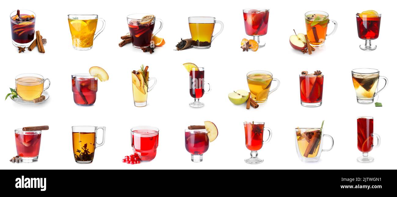 Set of tasty hot beverages on white background Stock Photo - Alamy