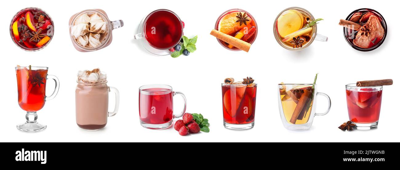 Collage of traditional hot beverages on white background Stock Photo ...