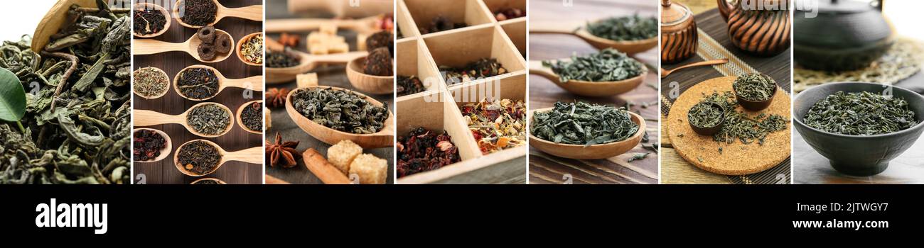 Collage with different types of dry tea leaves Stock Photo - Alamy