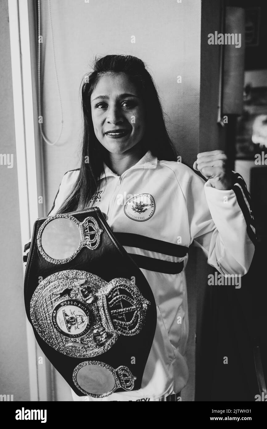 Érika “Dinamita” Cruz poses with her champion belt prior to the AMB ...