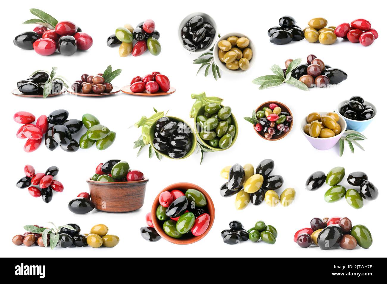 Different types of tasty olives isolated on white Stock Photo - Alamy