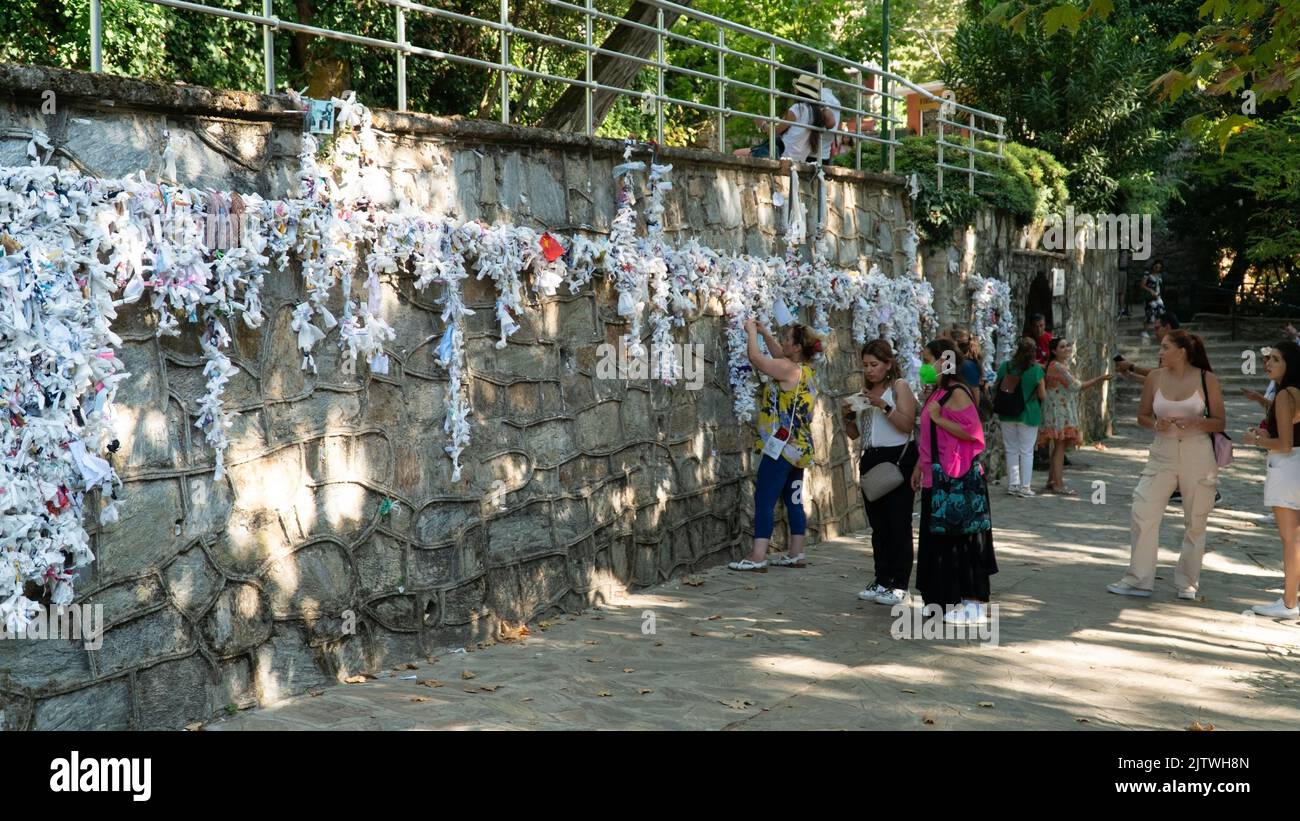 Wishing wall at house of Virgin Mary in Ephesus ancient city. Wishing ...