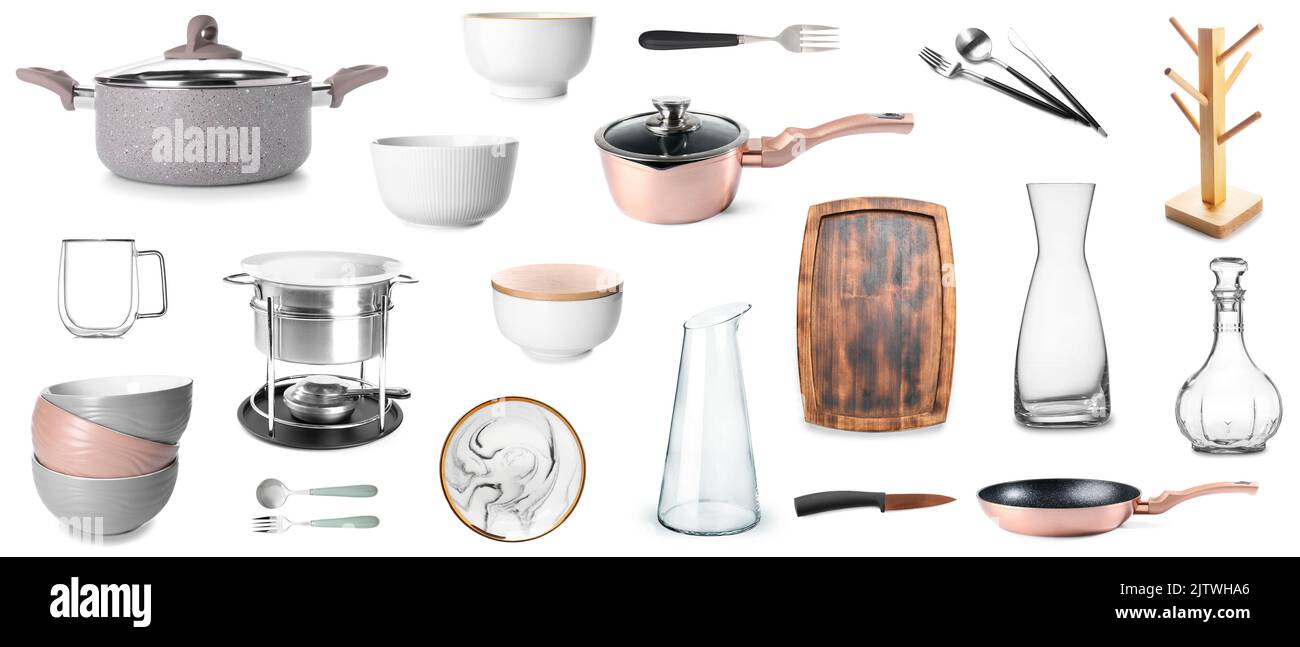 Collage of kitchen utensils on white background Stock Photo - Alamy
