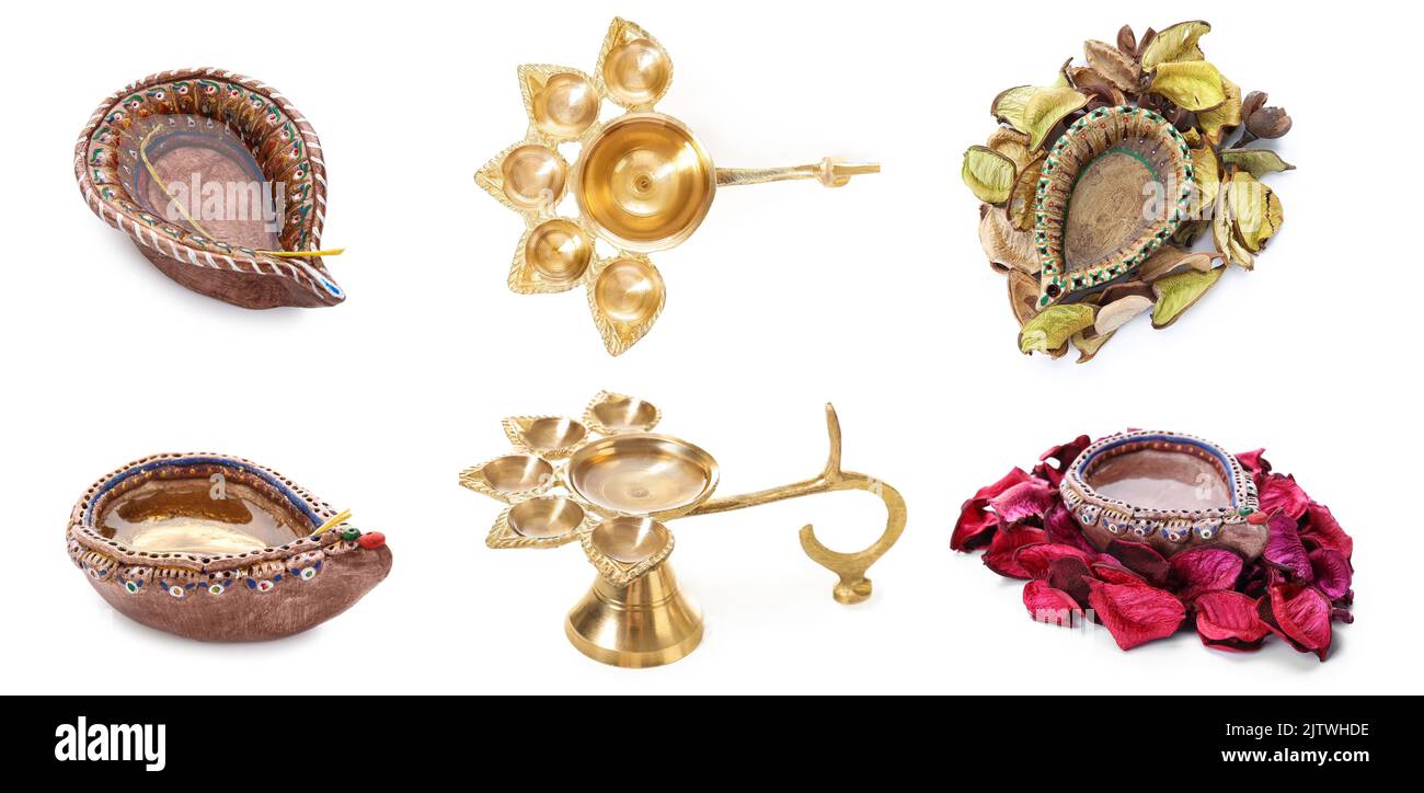 Set of diya lamps for Indian holiday Diwali (Festival of lights) on ...