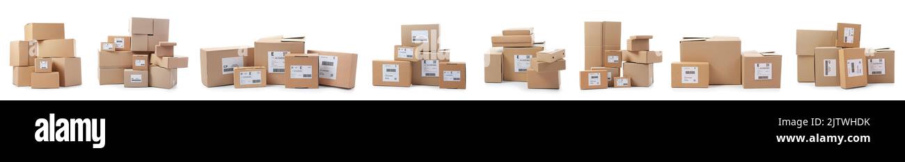 Set of parcel boxes isolated on white Stock Photo - Alamy