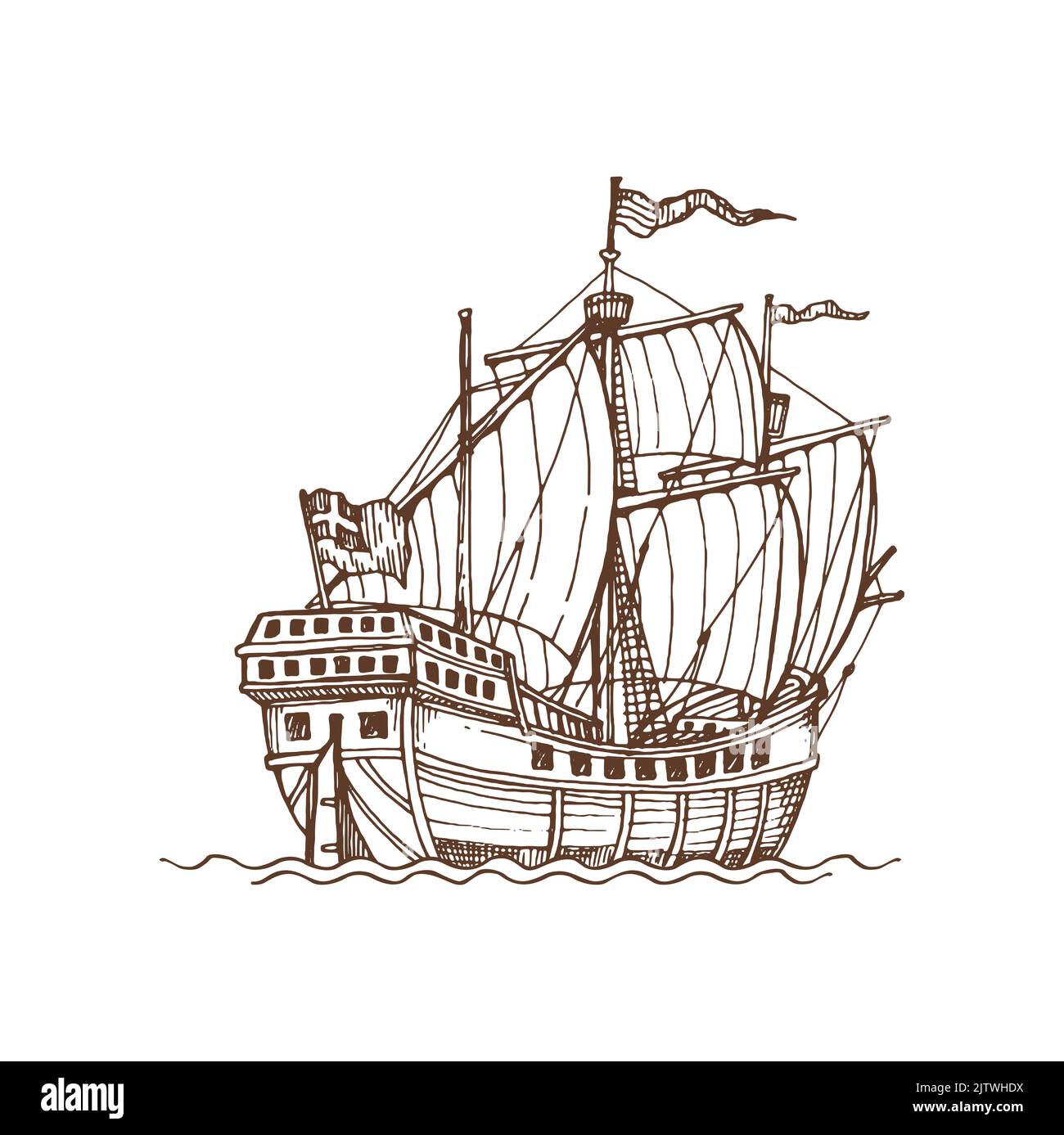 Vintage warship, sketch of sailboat with canvas, rigged caravel carrack ...