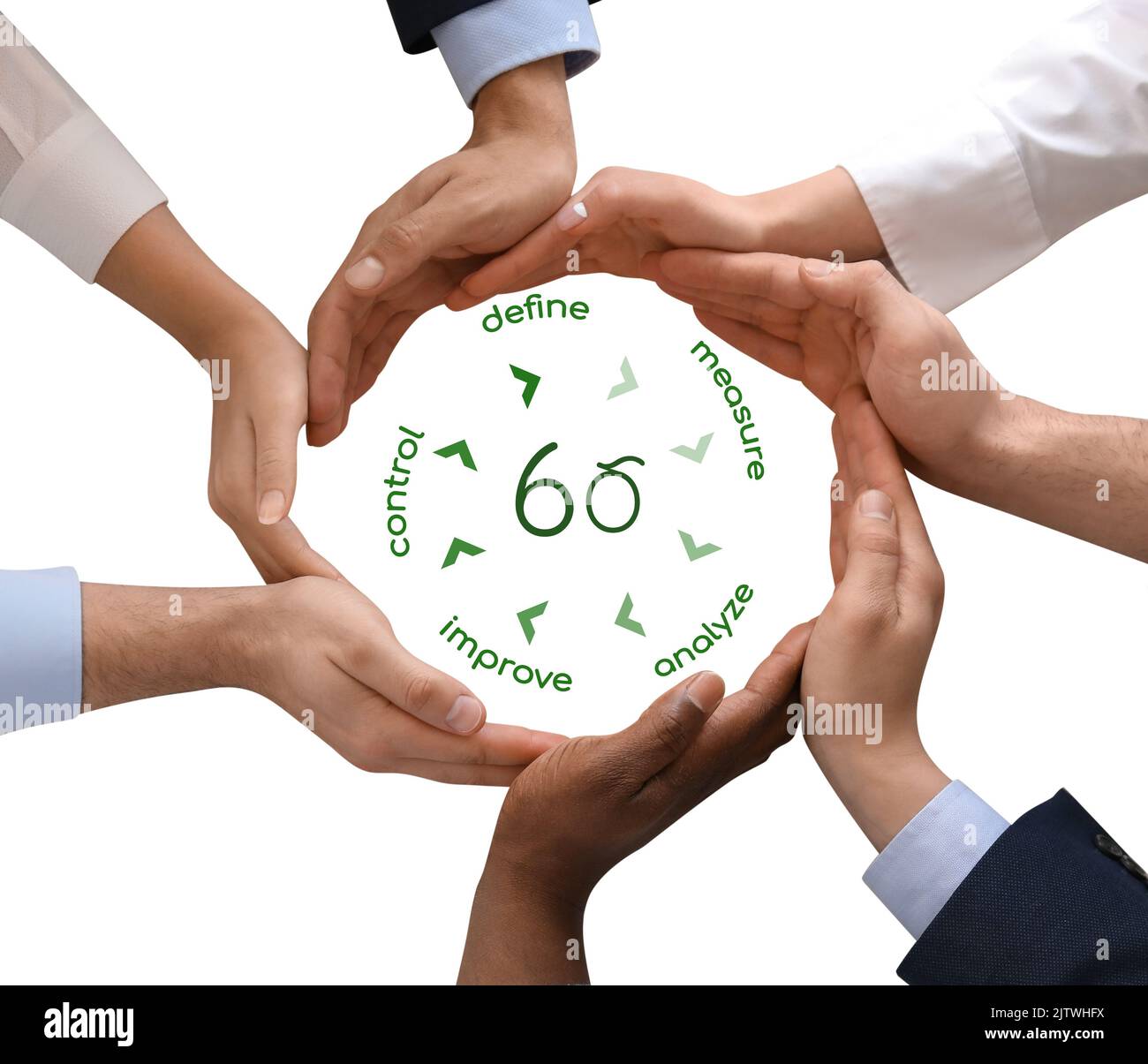 Hands of business people on white background. 6 sigma concept Stock ...
