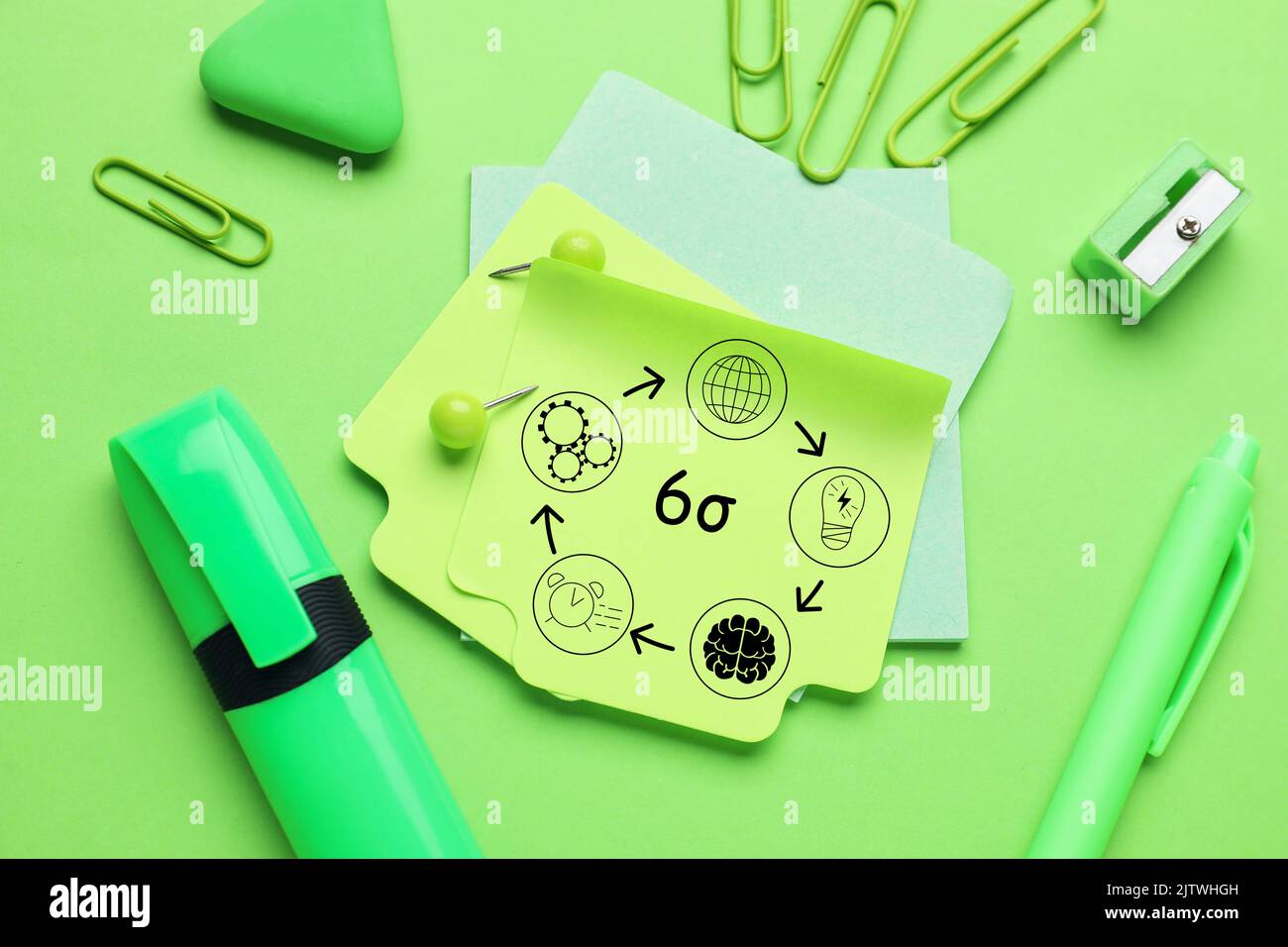 Sticky notes with stationery on green background. 6 sigma concept Stock ...