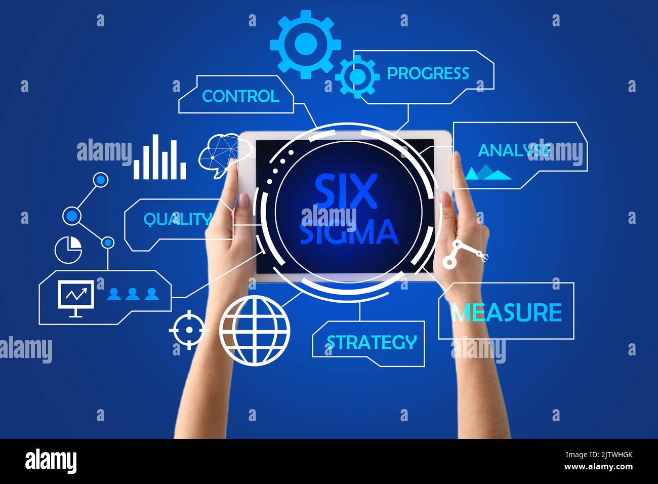 Hands with tablet computer and virtual screen on blue background. 6 ...