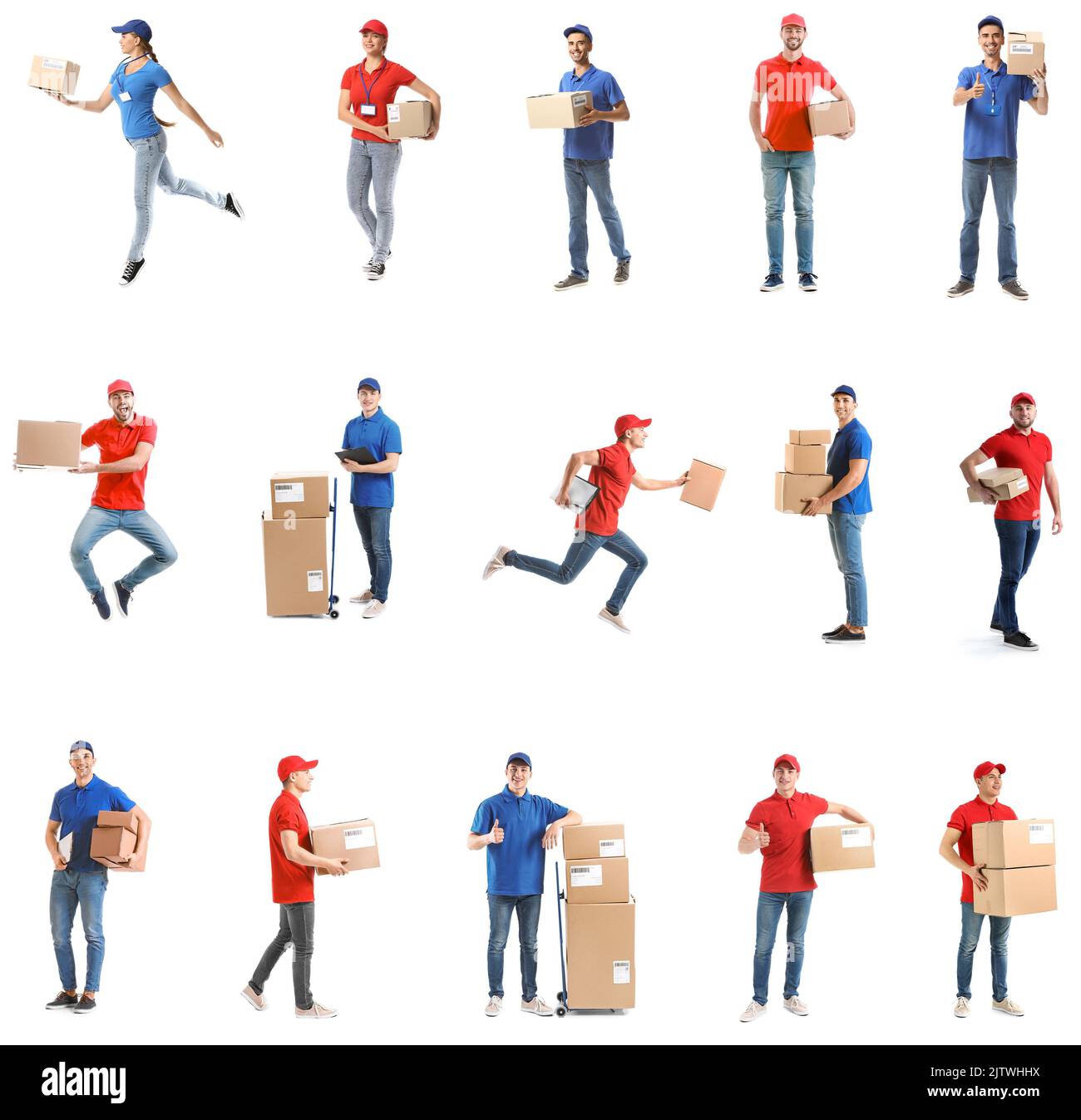 Set of couriers with parcels isolated on white Stock Photo - Alamy
