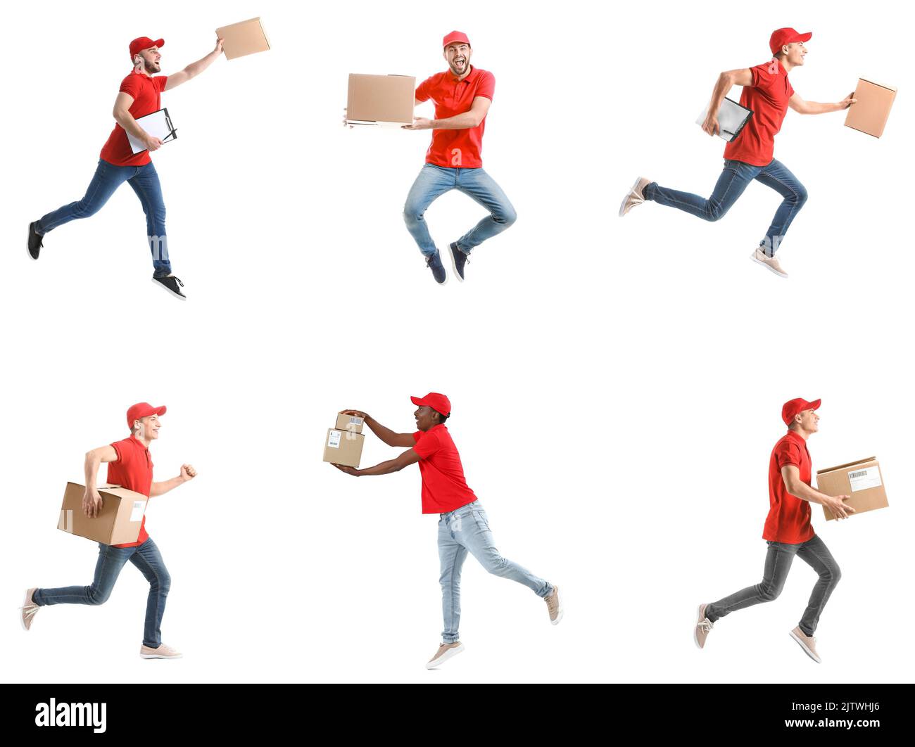 Set of couriers with parcels isolated on white Stock Photo - Alamy