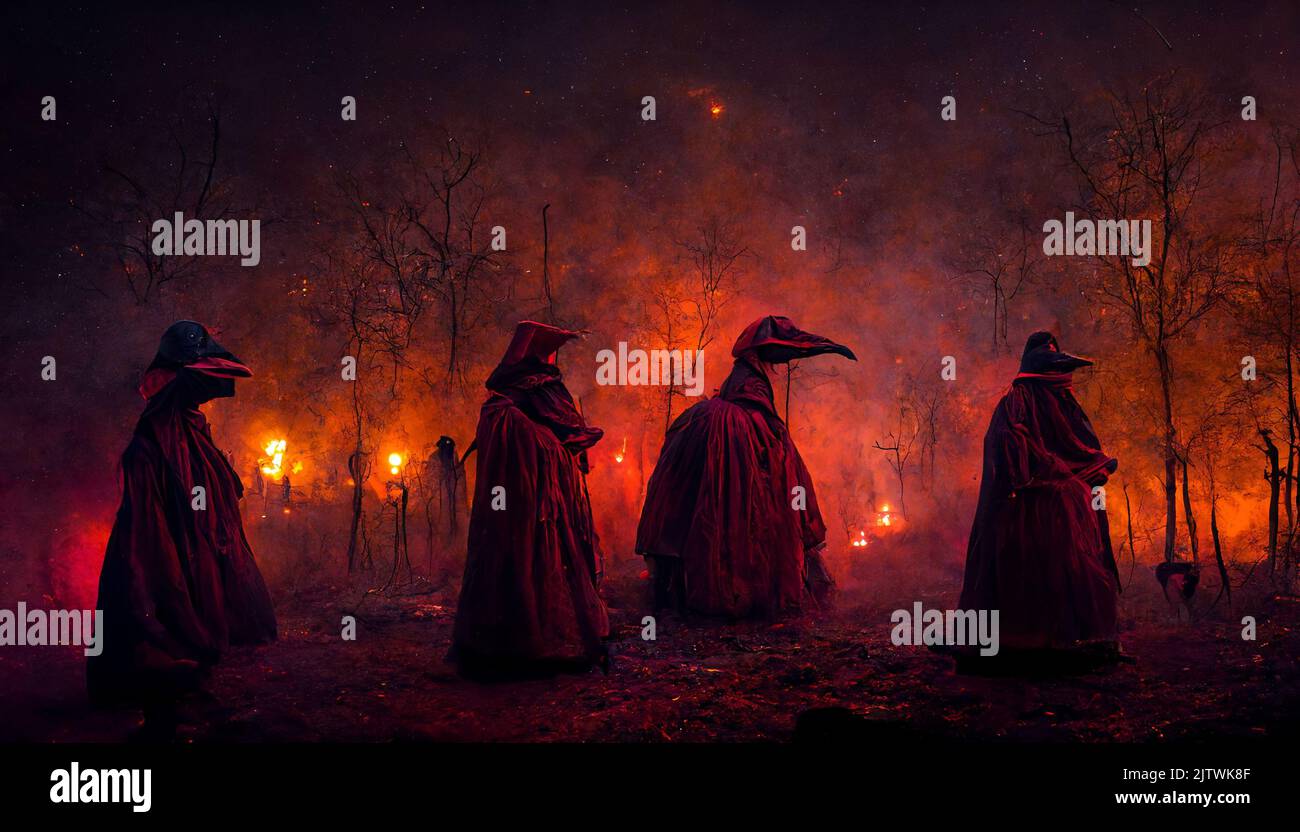An abstract 3D illustration of robed plague doctors in a fire lit ...