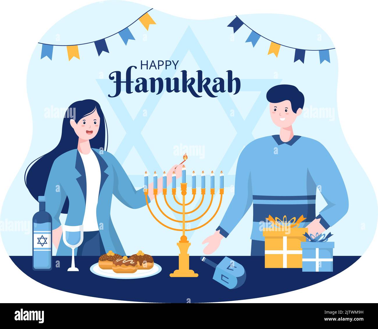 Happy Hanukkah Jewish holiday Template Hand Drawn Cartoon Flat ...