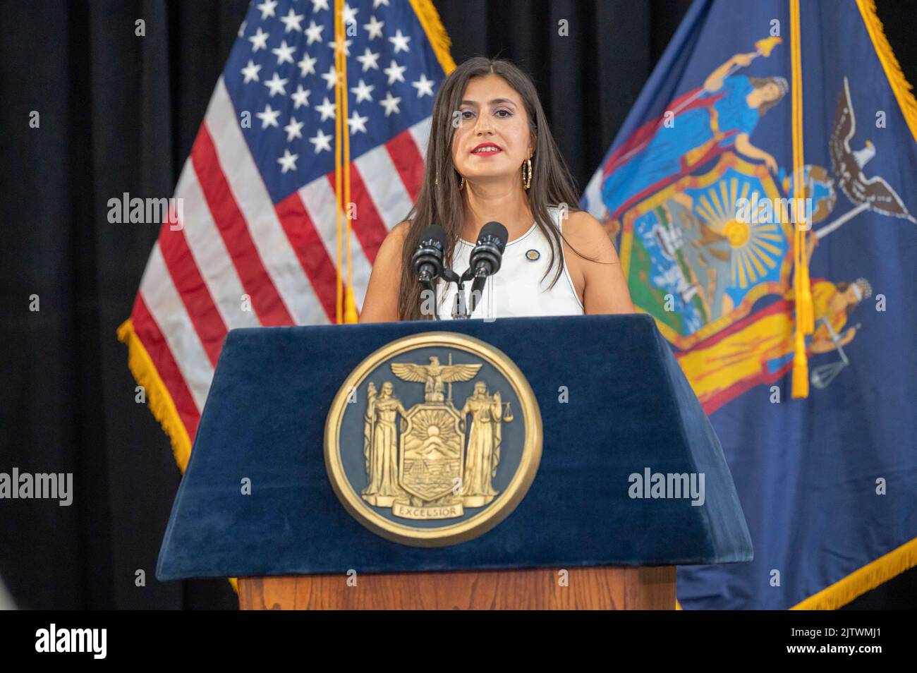 New York State Senator Jessica Ramos speaks during One Year Anniversary ...