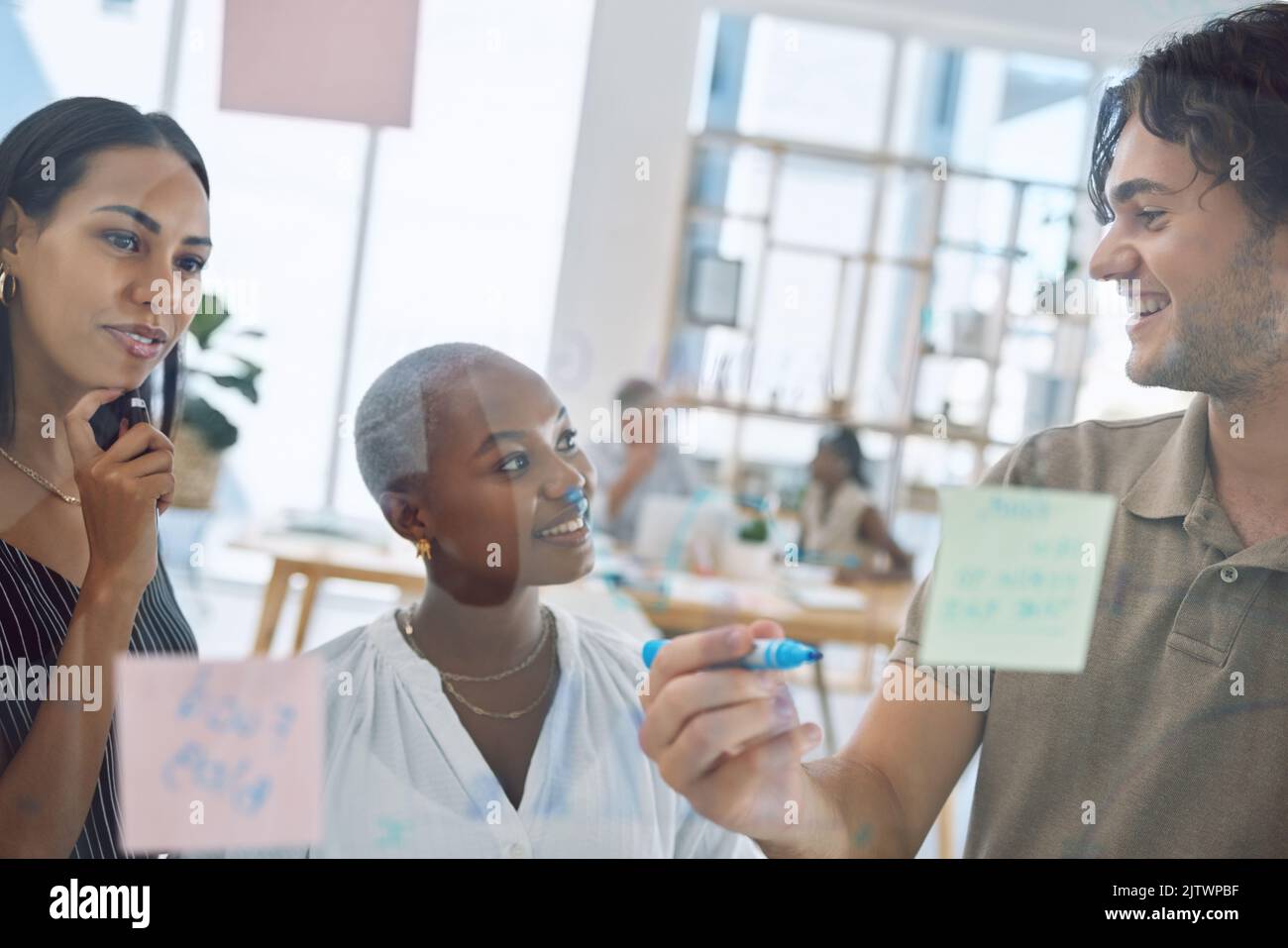 Planning, post it notes and diversity marketing business people working ...