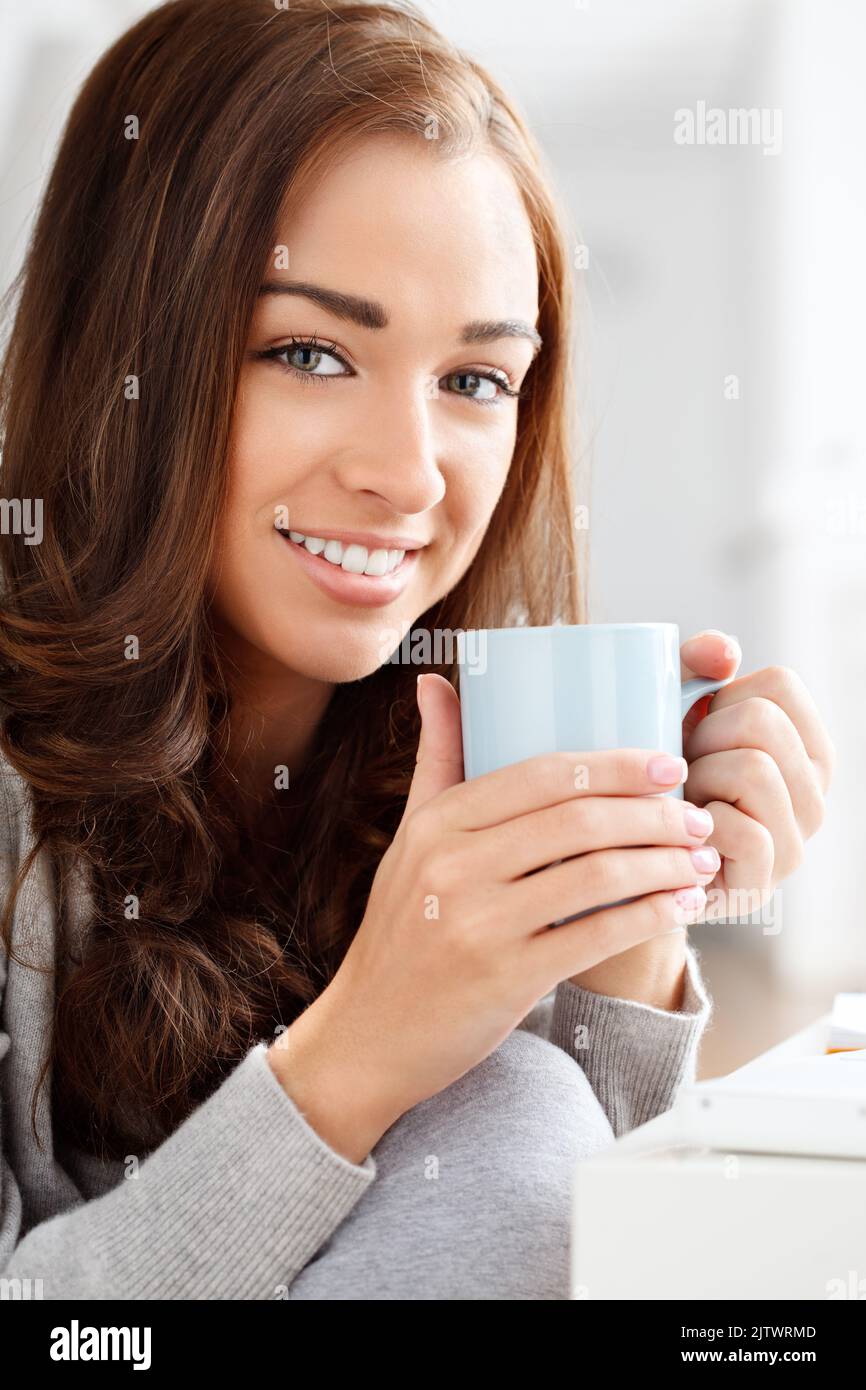 Portrait of happy, relax and smile woman drinking tea, coffee or latte ...