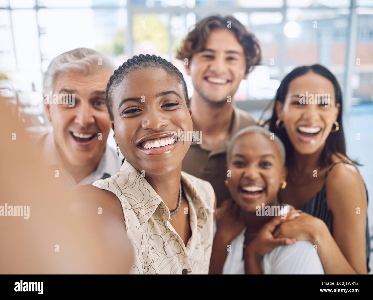 Diversity work selfie with happy team in a office ready for teamwork ...