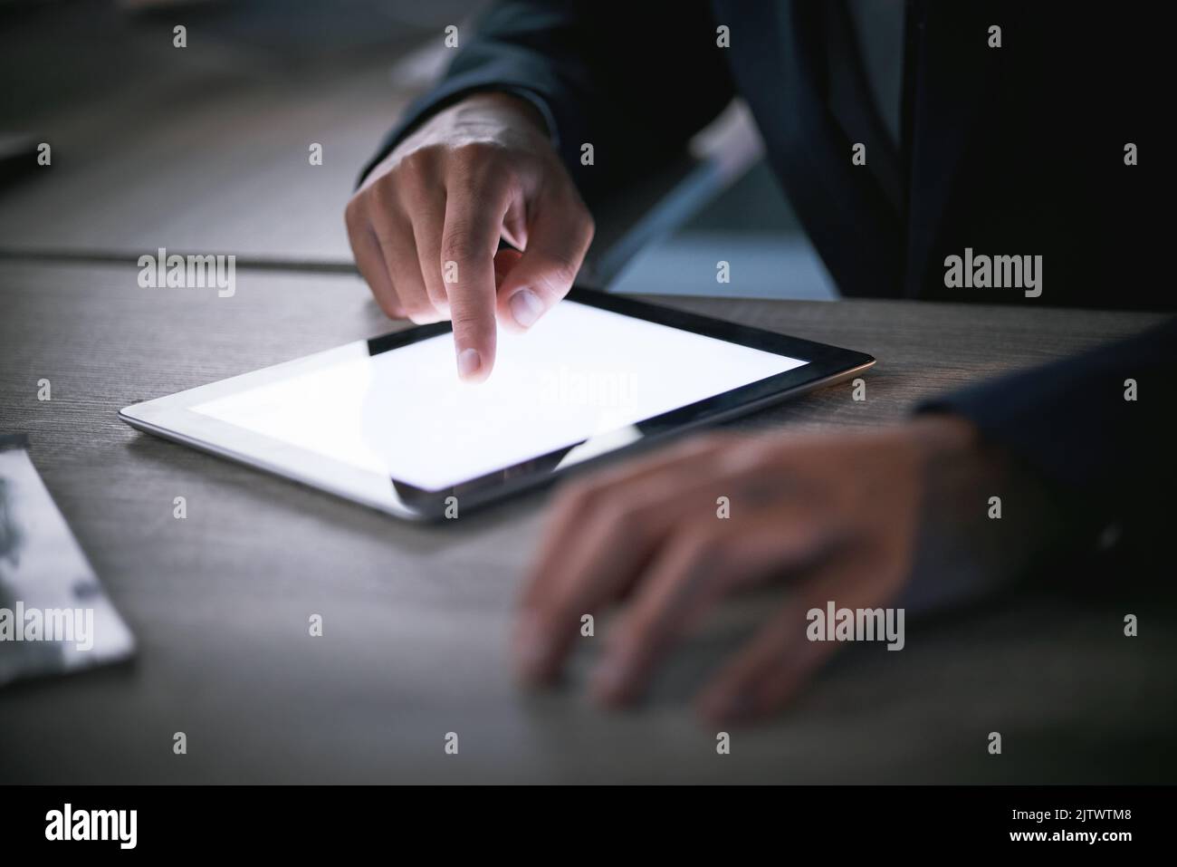 Tablet, hands and technology with a business man working on wireless ...