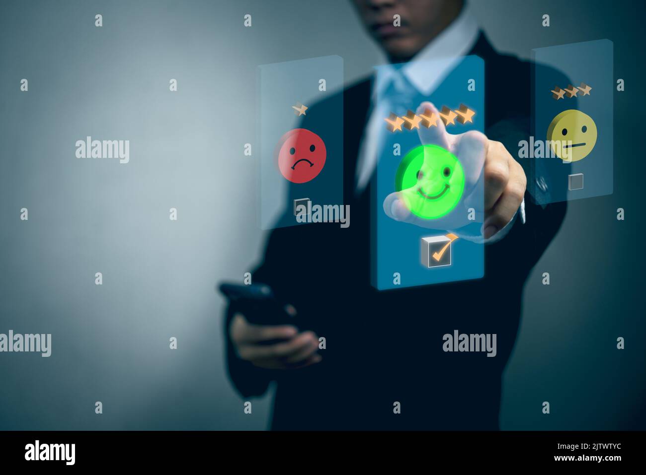 Customer service evaluation smiley face emoticon five star on virtual ...