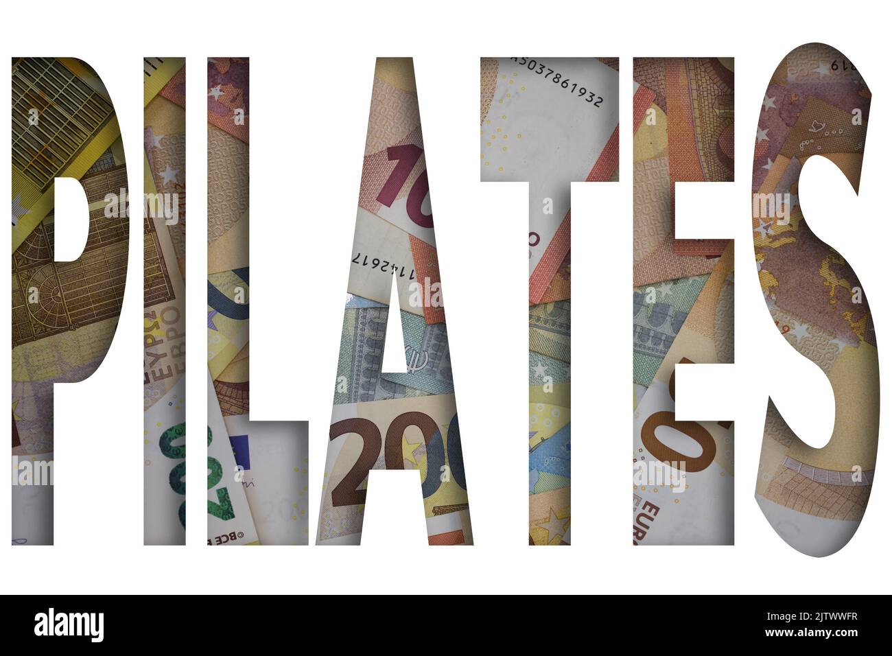 Pilates word with money. Paper currency background with different ...