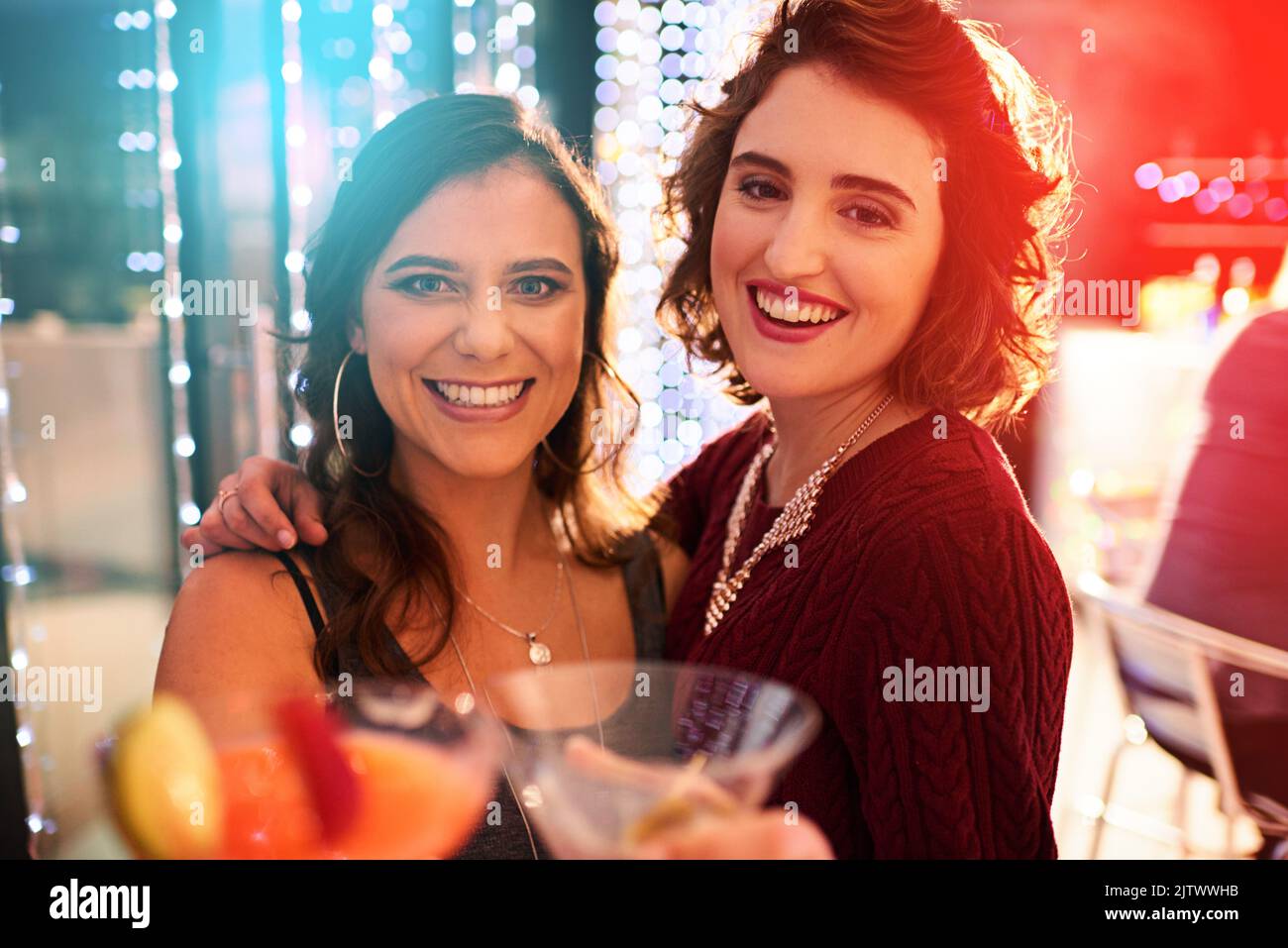 Heres to you. Portrait of two young women drinking cocktails at a party ...