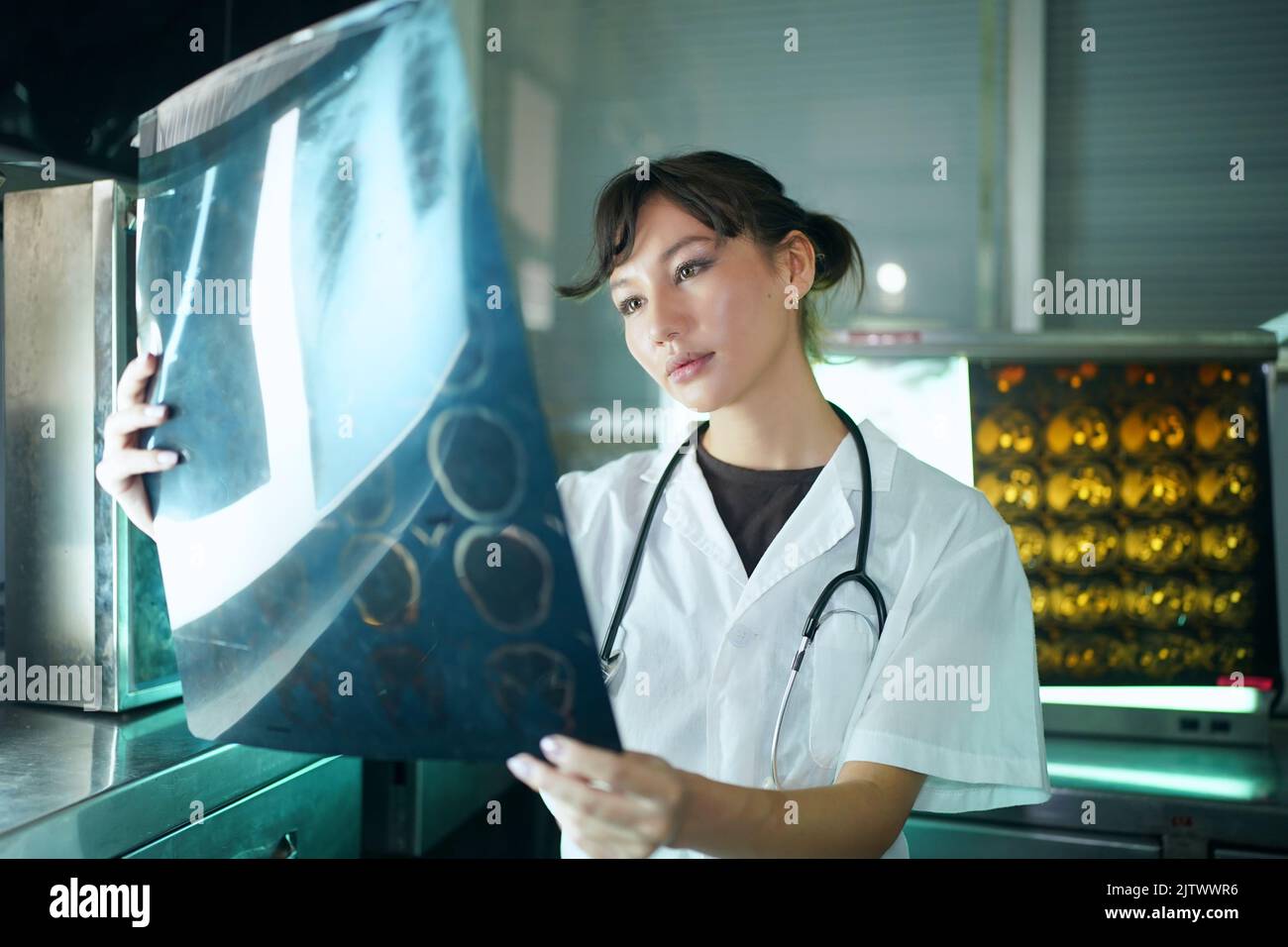 Team of doctors discuss results of X-Ray or MRI scan of patient's brain ...