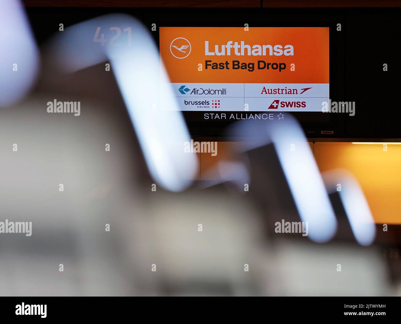 02 September 2022, Brandenburg, Schönefeld: The Lufthansa airline check ...