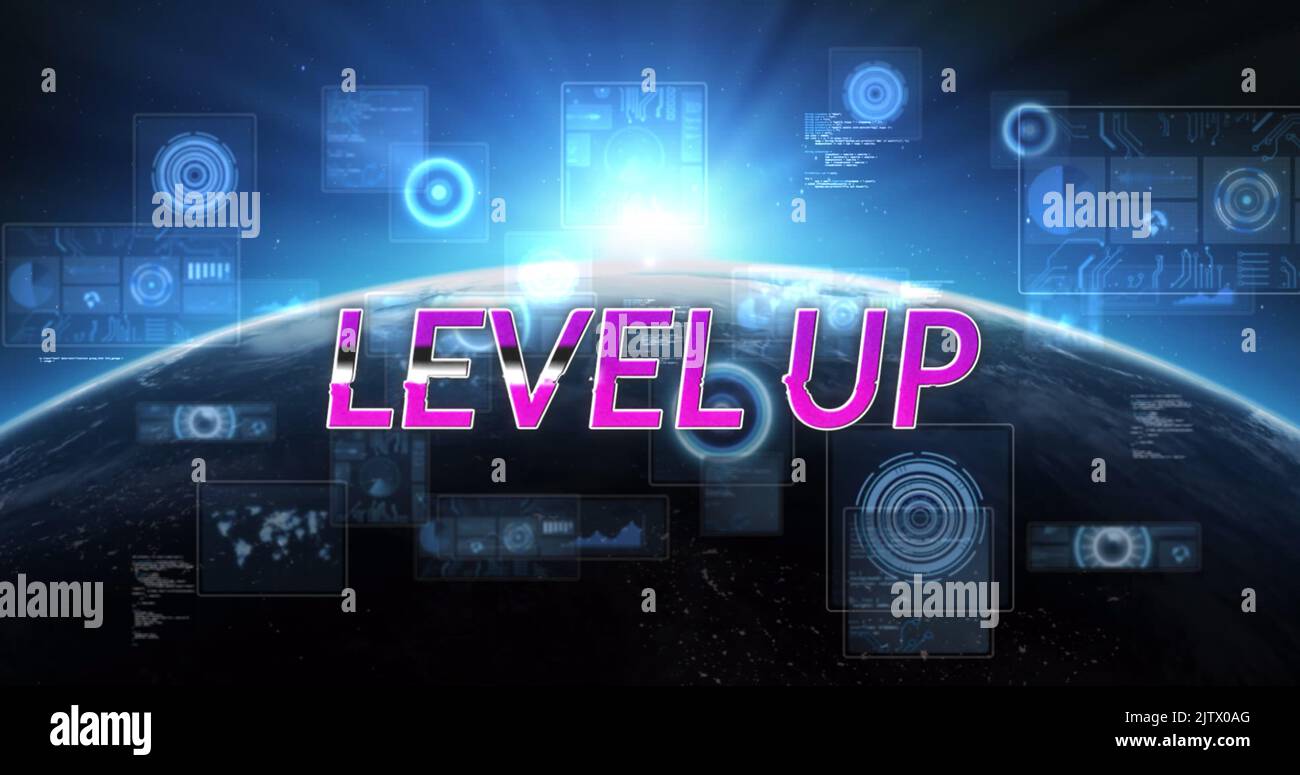 Image of level up text and data processing with globe on black ...