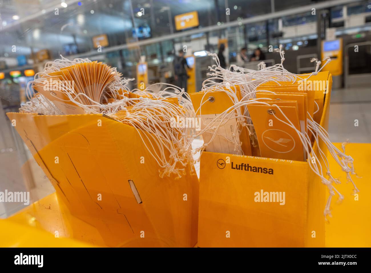 Munich, Germany. 02nd Sep, 2022. Luggage tags with the Lufthansa logo ...