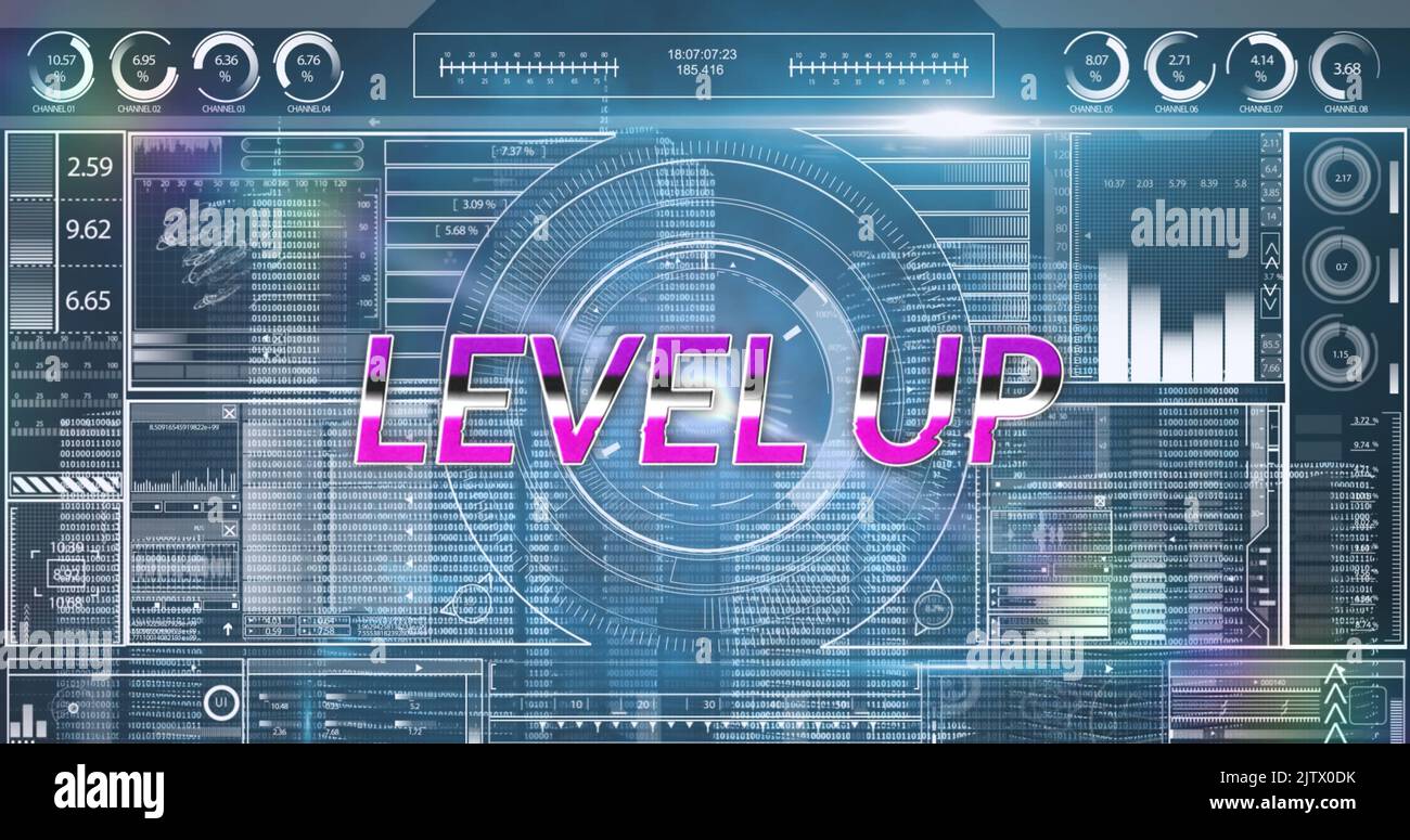 Image of level up text and data processing on blue background Stock ...