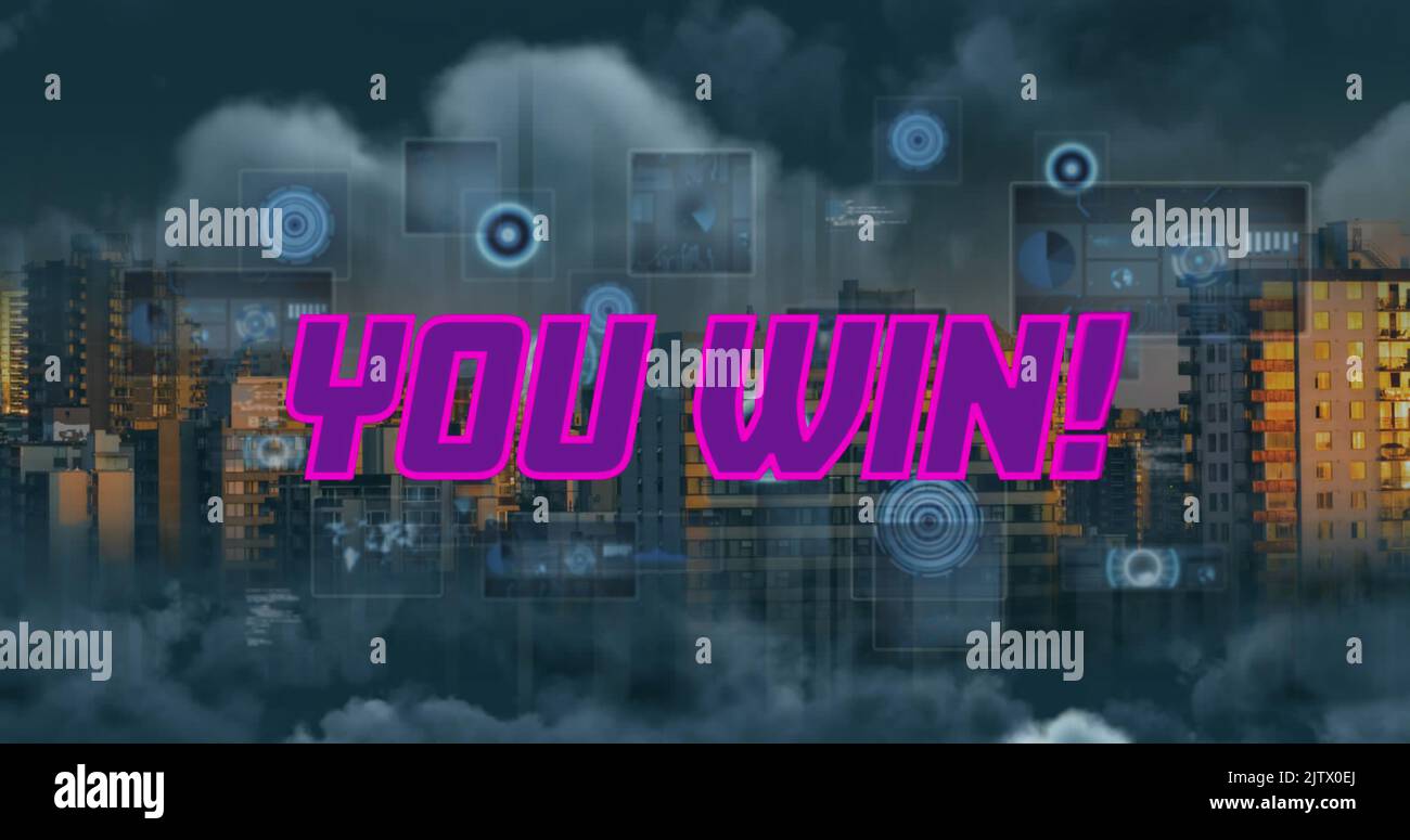 Image of you win text and data processing over cityscape Stock Photo ...