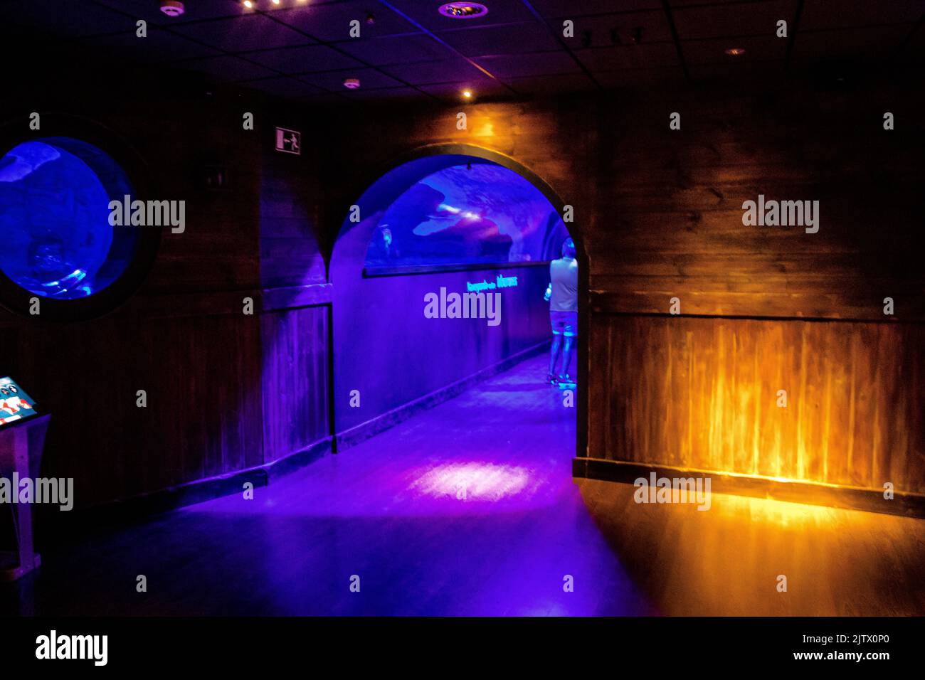 Seville, Spain - August 13, 2022 Modern aquarium of Seville with a wide ...