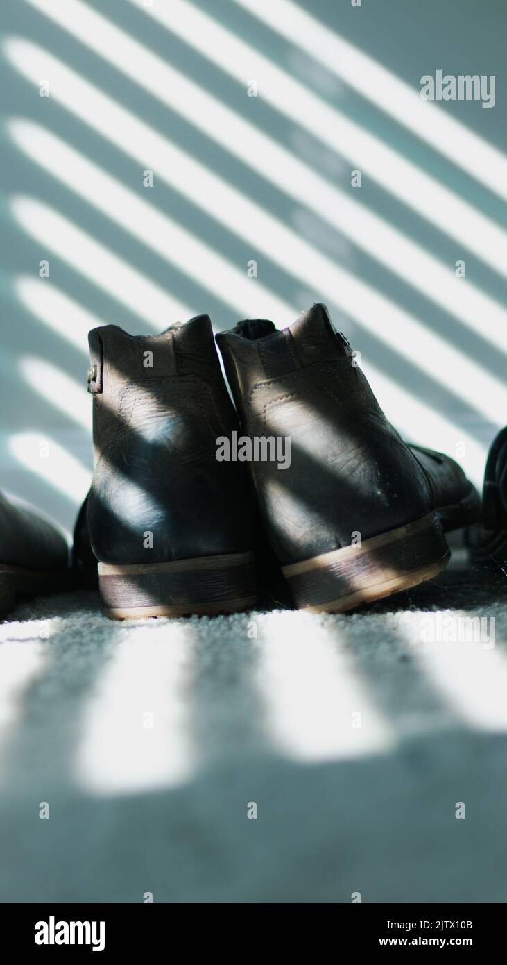 A closeup vertical shot of a pair of shoes on the carpet in sunlight ...