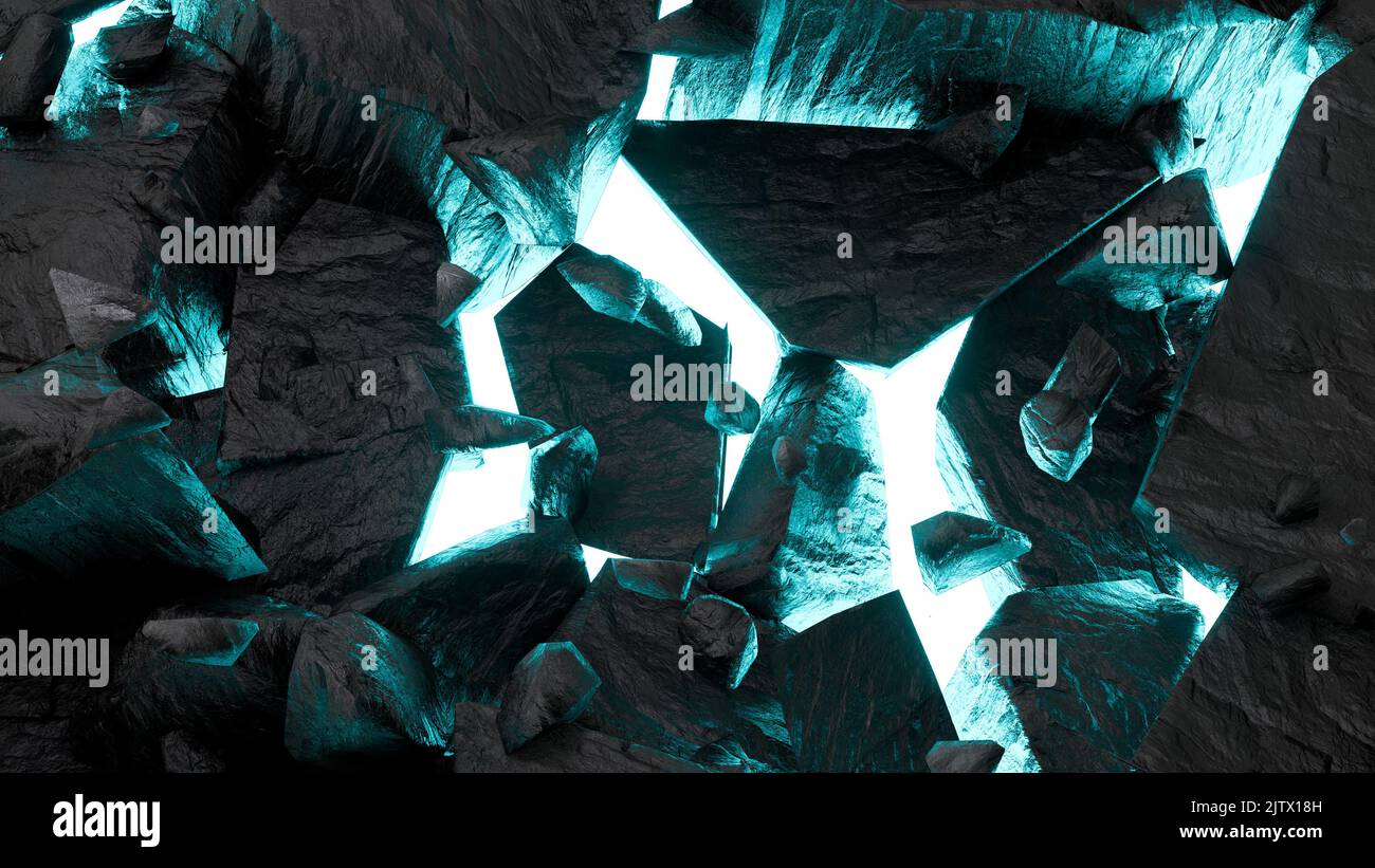 exploding fracturing rough ground with glowing blue lights with stone ...