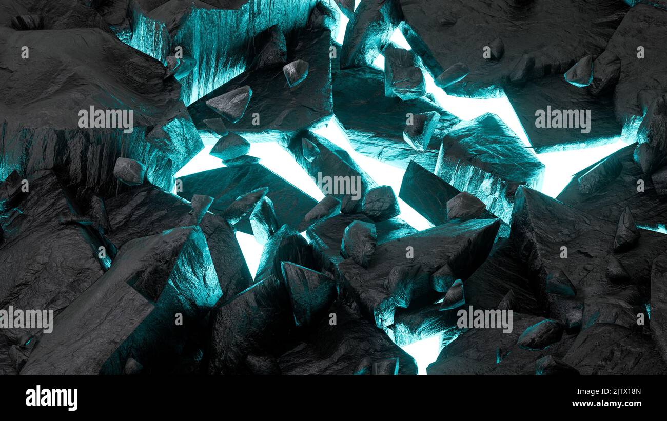 exploding fracturing rough ground with glowing blue lights with stone ...