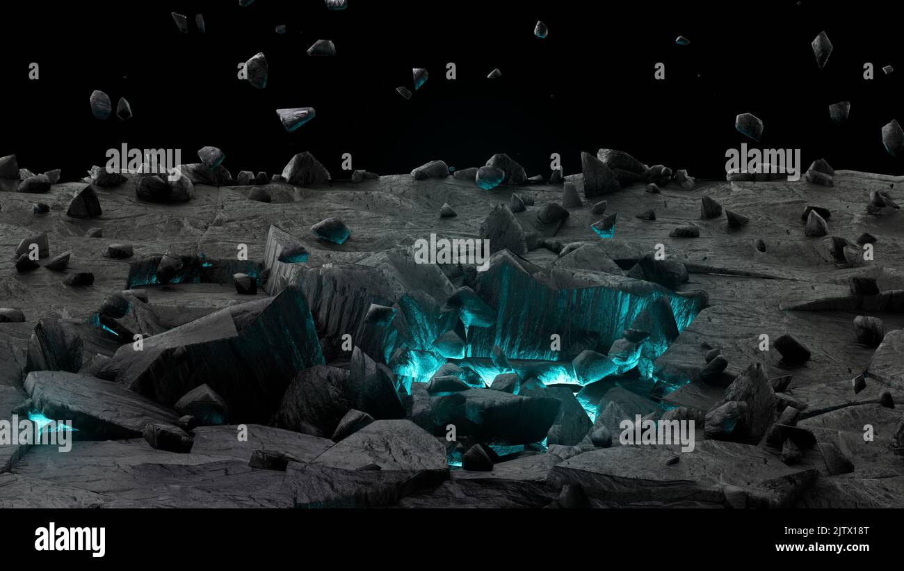 Exploding Fracturing Rough Ground With Glowing Blue Lights With Stone Splitter On Dark Asphalt