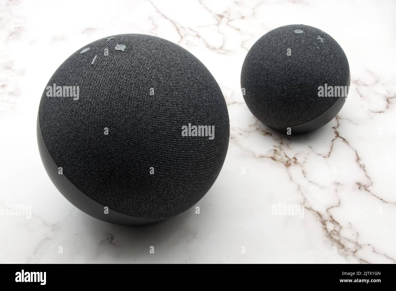 Amazon Echo and Echo Dot. Alexa, virtual assistant AI. Marble ...