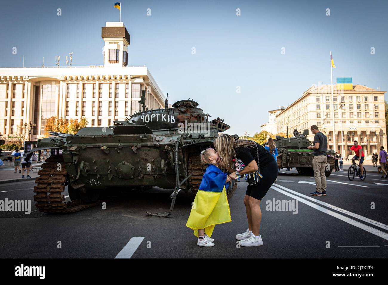 Kyiv, Ukraine. 24th Aug, 2022. A little girl Sophia kisses her mother ...