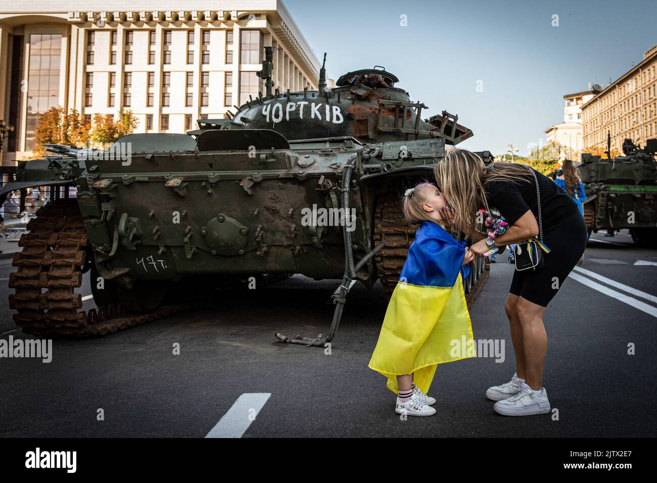 Kyiv, Ukraine. 24th Aug, 2022. A little girl Sophia kisses her mother ...