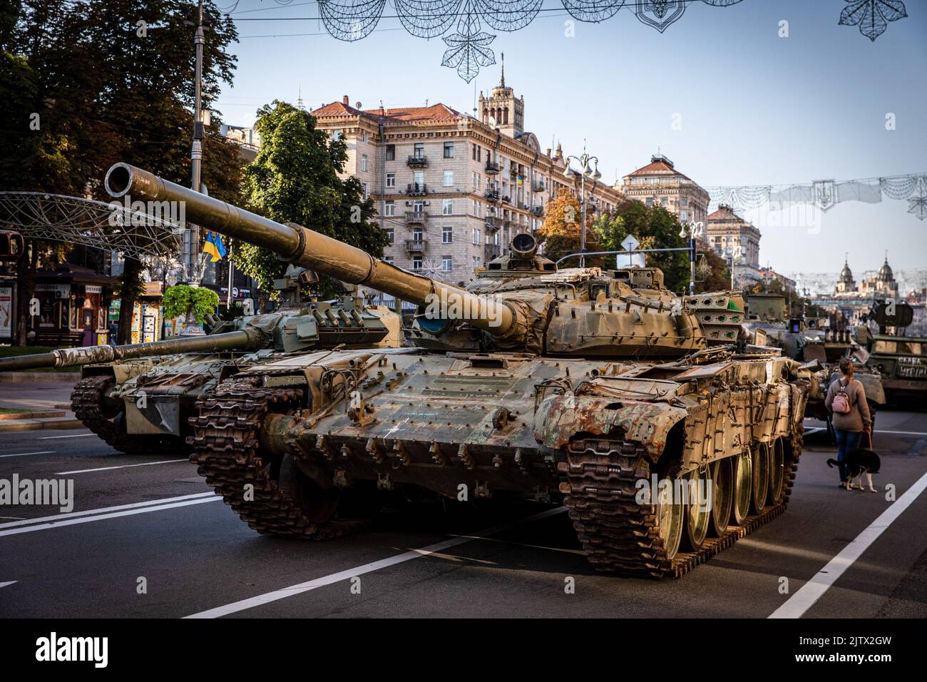 Demolished Russian tanks showcased at an exhibition in Kyiv. Amid the ...