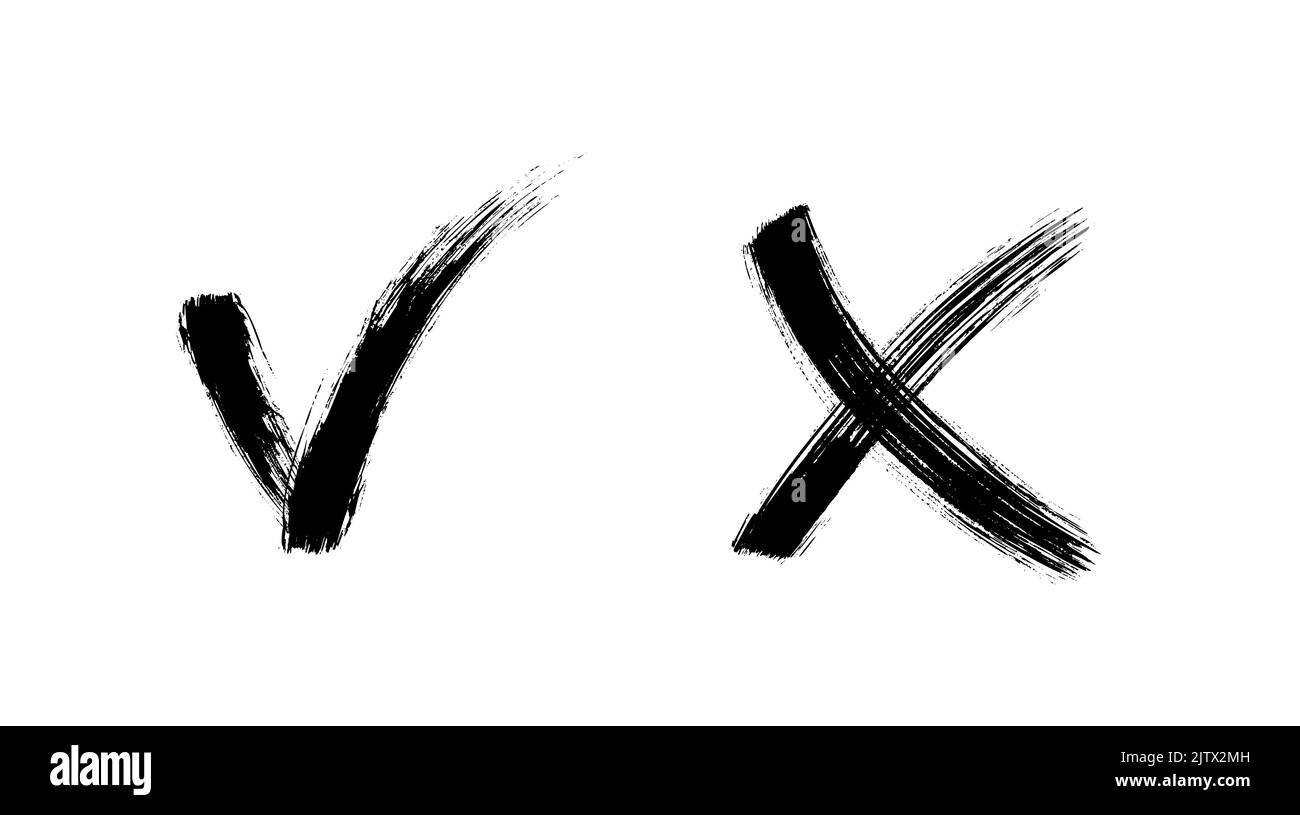 Brush painted yes and no checkmarks. Black and white check and cross ...