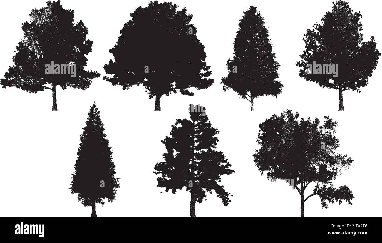 Set of tree silhouettes in dotwork style. For the forest or park ...