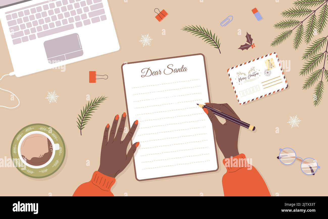 Woman write christmas letter to Santa Claus. Winter holiday wish list ...