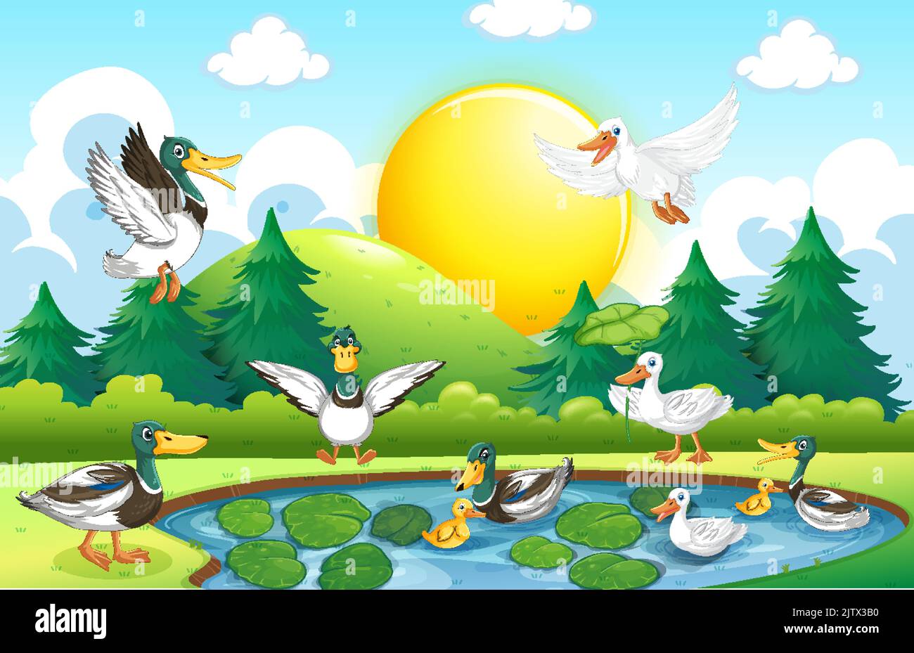 Outdoor scene with cartoon ducks illustration Stock Vector Image & Art ...