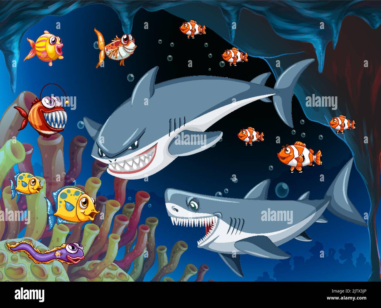 Angry shark underwater scene illustration Stock Vector Image & Art - Alamy