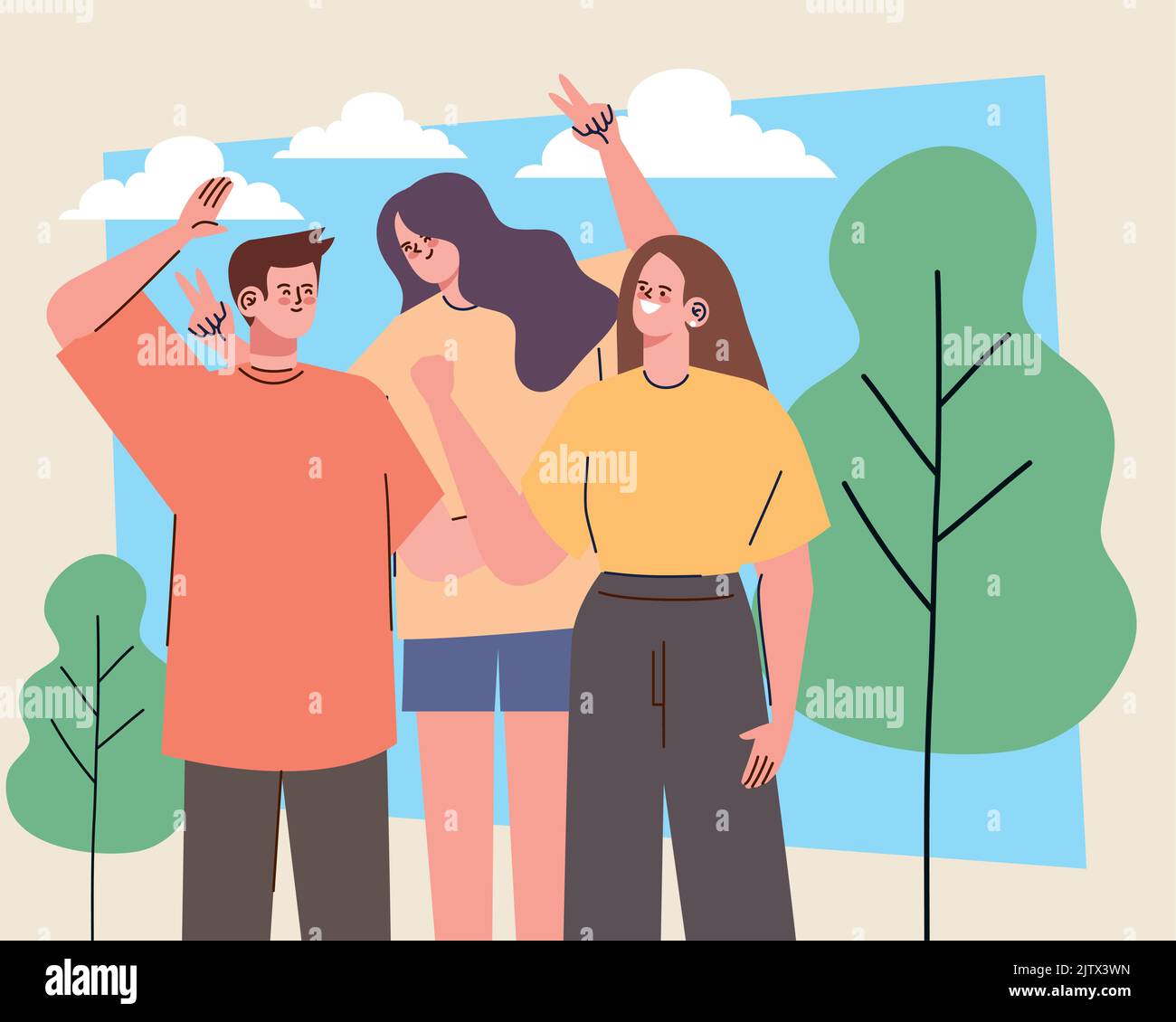 three young friends with trees Stock Vector Image & Art - Alamy