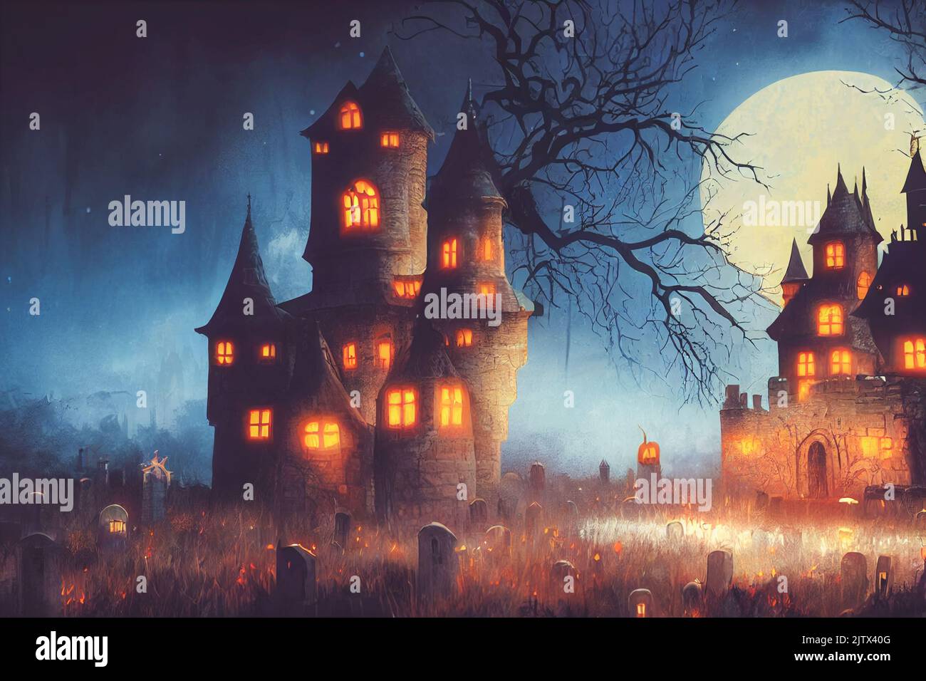 3D illustration Horror Castle Background With Graveyard In Halloween ... 3D illustration Horror Castle Background With Graveyard In Halloween ...